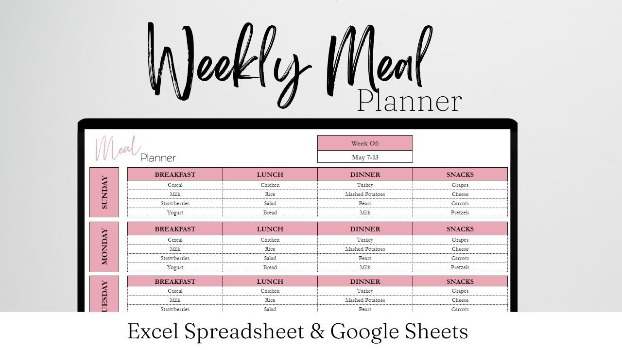 Weekly Meal Planner Google Sheet, Meal Planning Spreadsheet, Meal Plan for the Week Excel Sheet