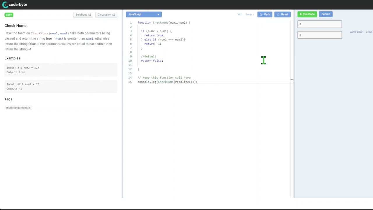 Coderbyte - Check Nums - Code challenge - JavaScript Solution Source Code Answers