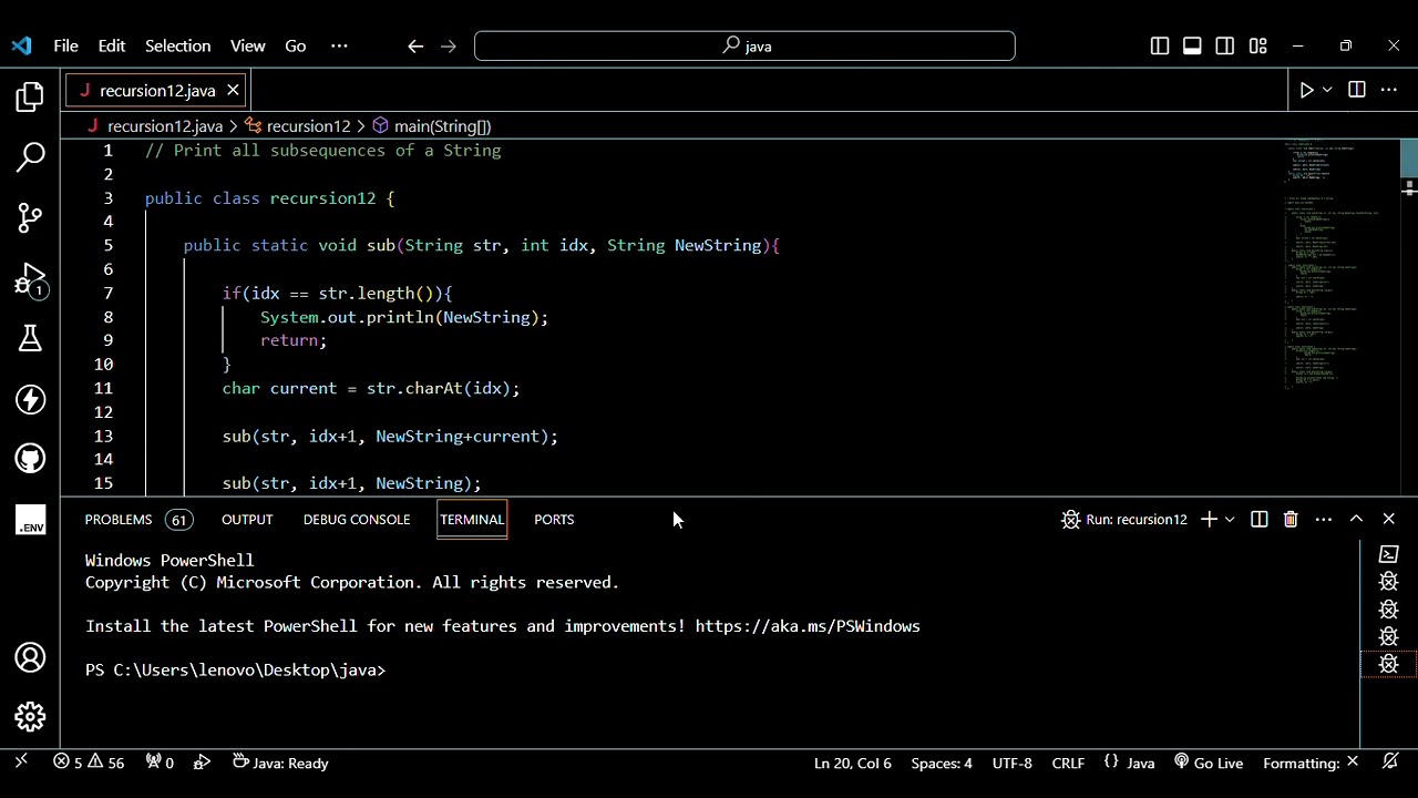 Recursion || Print all Subsequence of a String using Recursion || java || coding