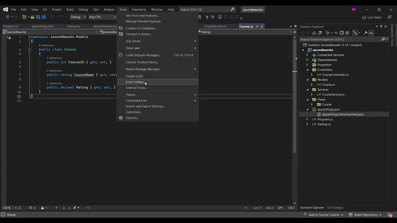 Connect Visual Studio to Azure database using ASP 6/7 LTS. Source code included!!
