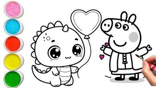 Peppa Pig with cute dinosaur baby drawing & colouring for kids and toddlers | easy peppa pig drawing