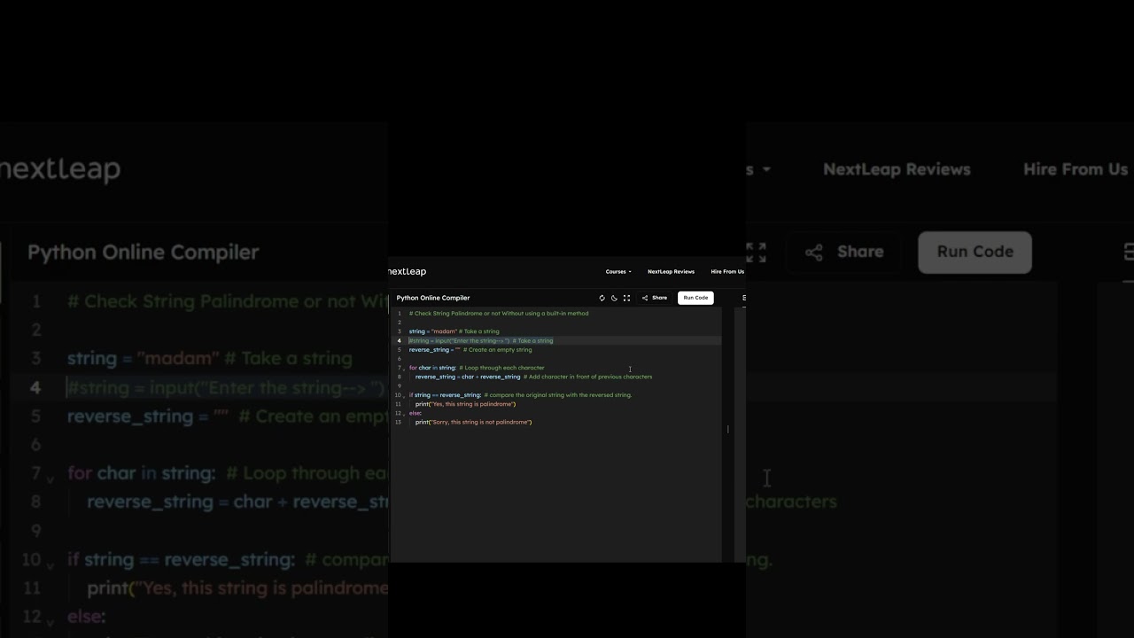 Python Interview Question | Check Palindrome Without Built-in Method
