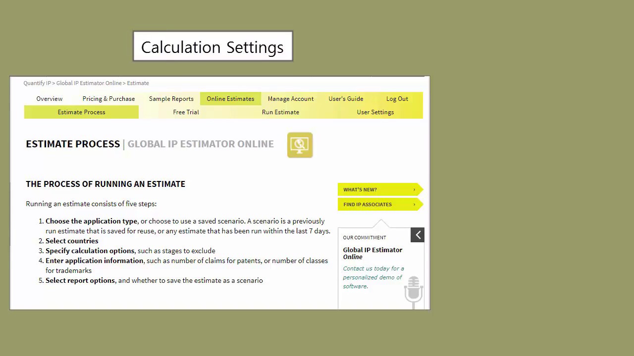 Calculation Settings | User Settings Help Clips | Global IP Estimator Online