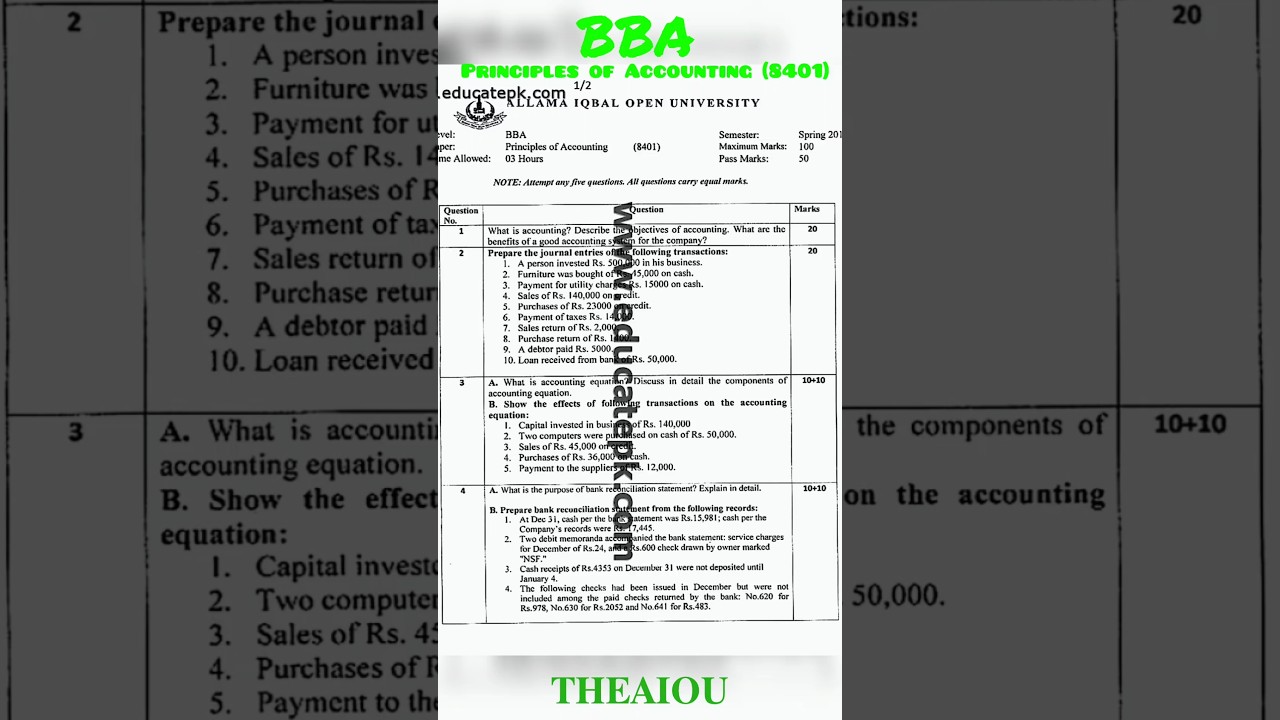 Principles of Accounting (8401) Past Papers | Guess Papers #8401 #8401pastpapers #guesspaper