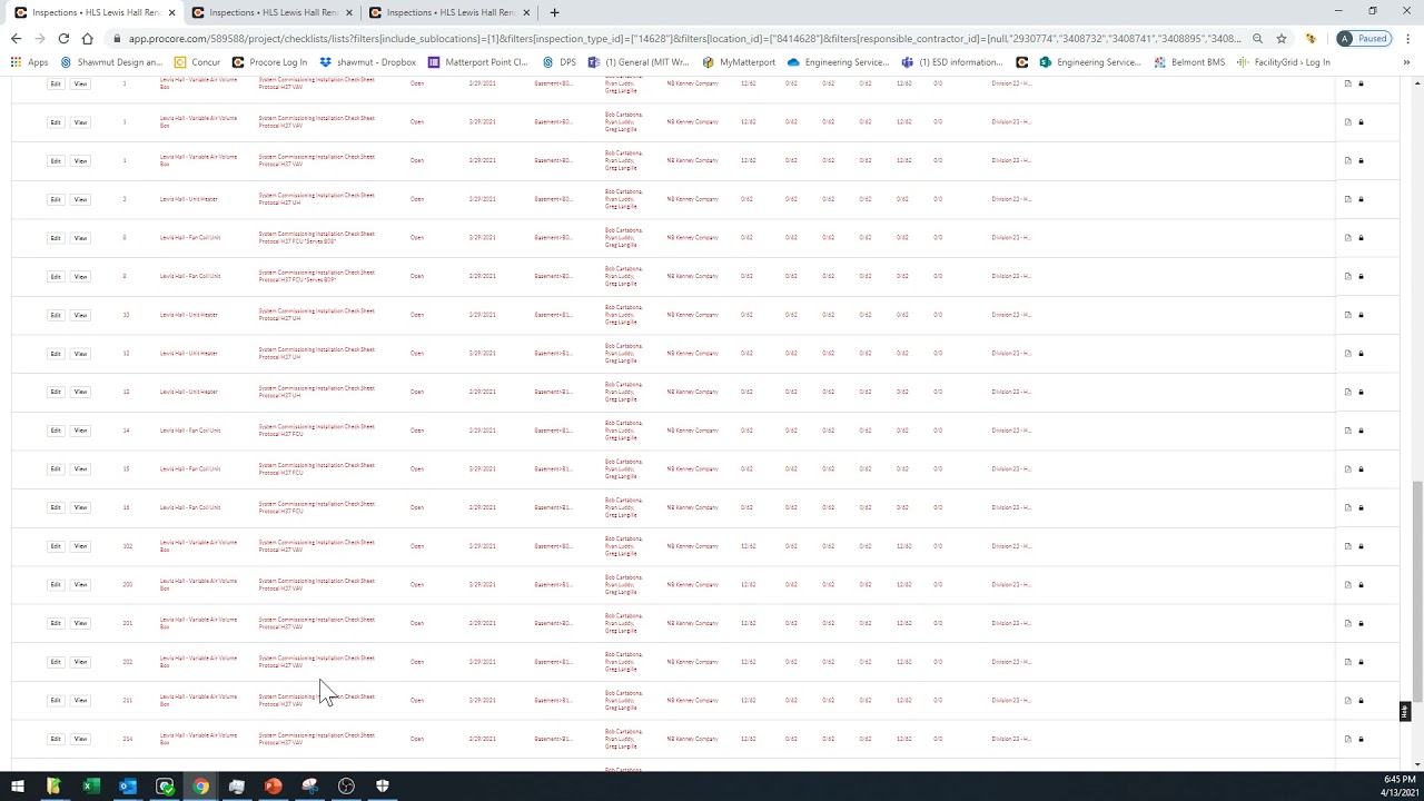 PFCs Using Procore Inspection Tool - Web Browser