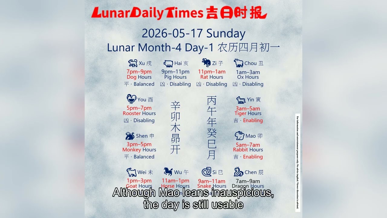 Lunar Calendar Insights | May 17, 2026 | Auspicious Hours & Daily Wisdom by Lunar Daily Times