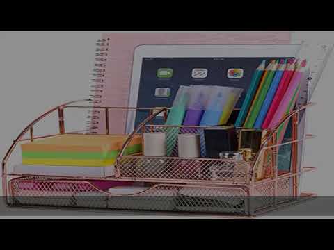 POPRUN Upgraded Desk Organizer for Women, Cute Mesh Office Supplies Accessories Essentials Caddy wi