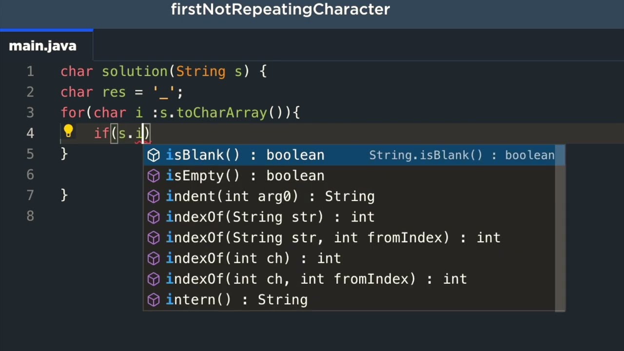 Simple Java code for first non repeating character