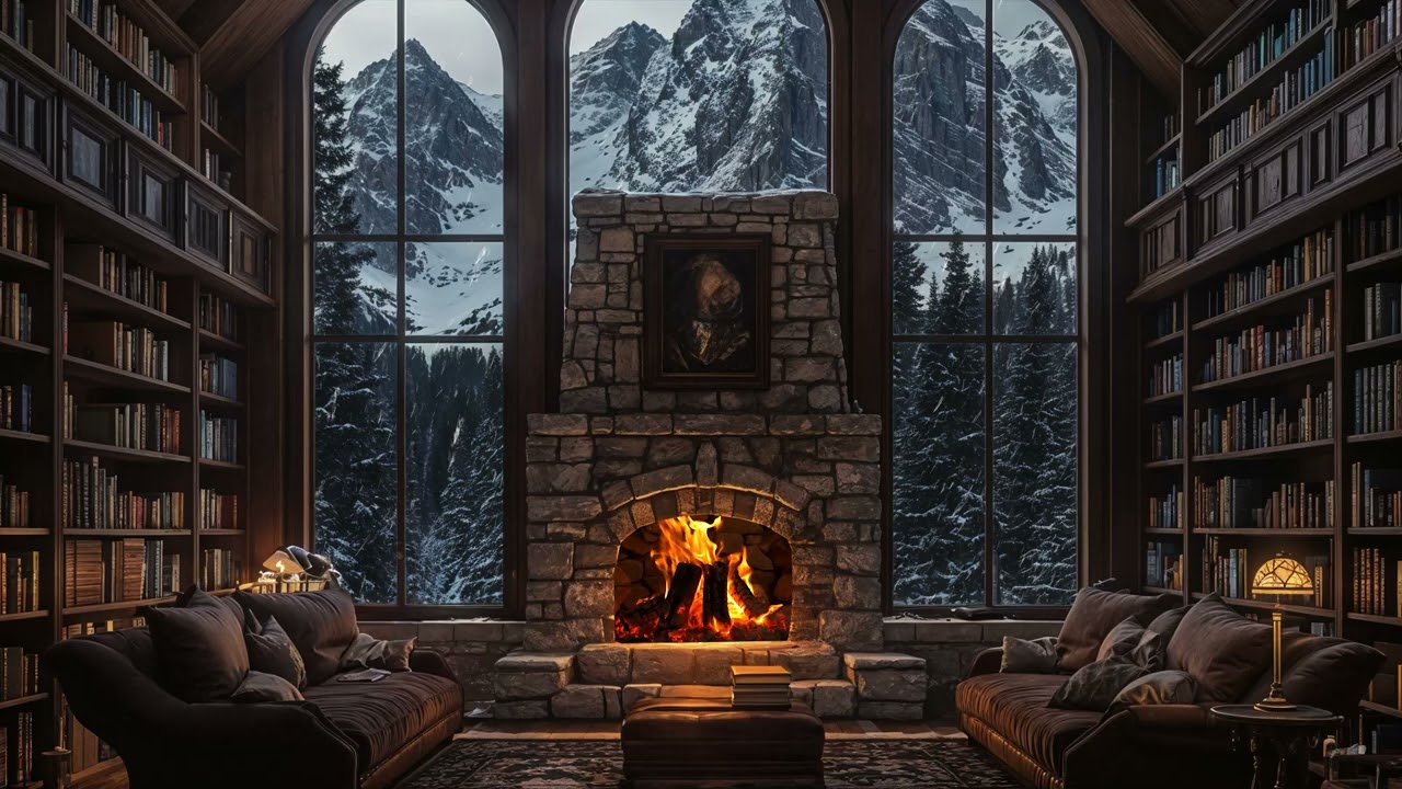 Cozy Library with Fireplace & Snowy Mountain View | Perfect for Reading, Relaxation and Inspiration