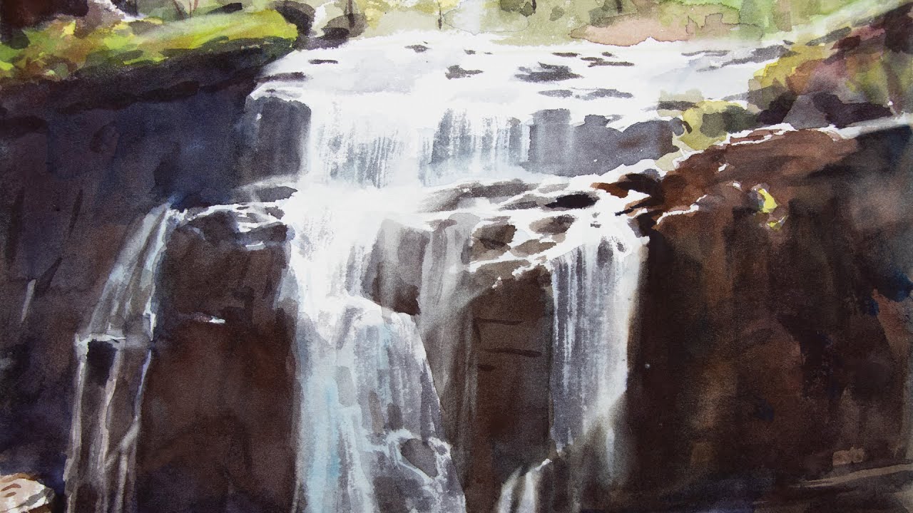 Watercolor painting waterfall without masking