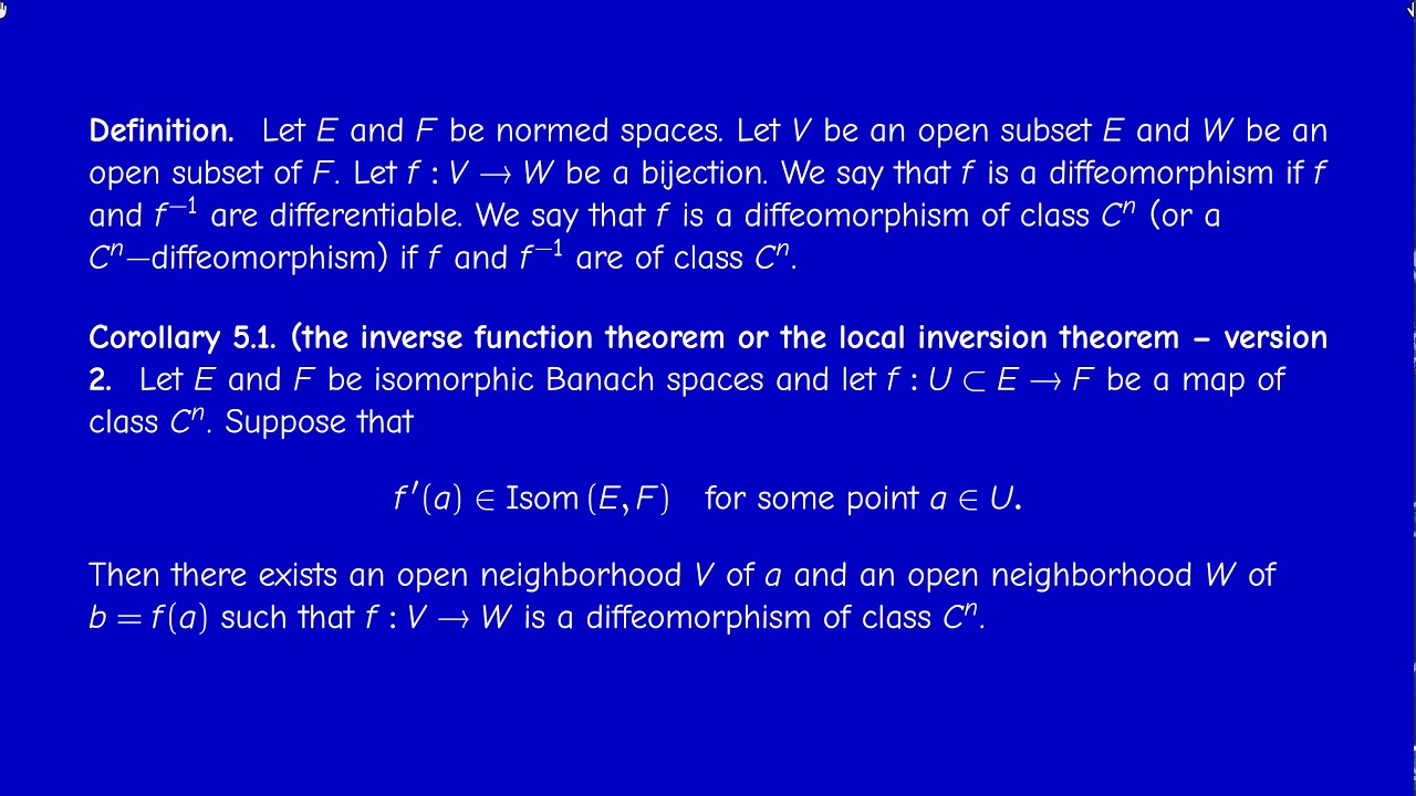 M3302 - Differential Calculus in Banach spaces - Section 5.2 - Part 3 - The inverse function theorem