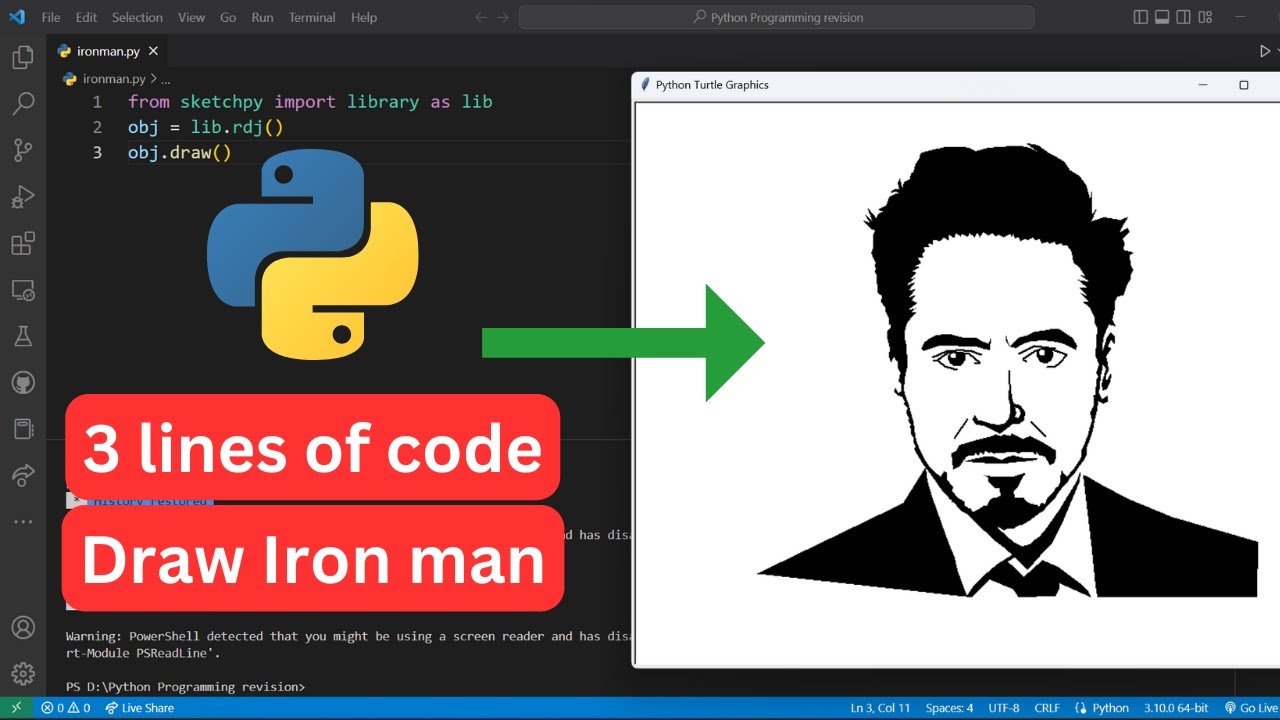 Draw Iron Man Face using 3 lines of Python Code | Avengers | Marvel | Sketchpy in Python | #python