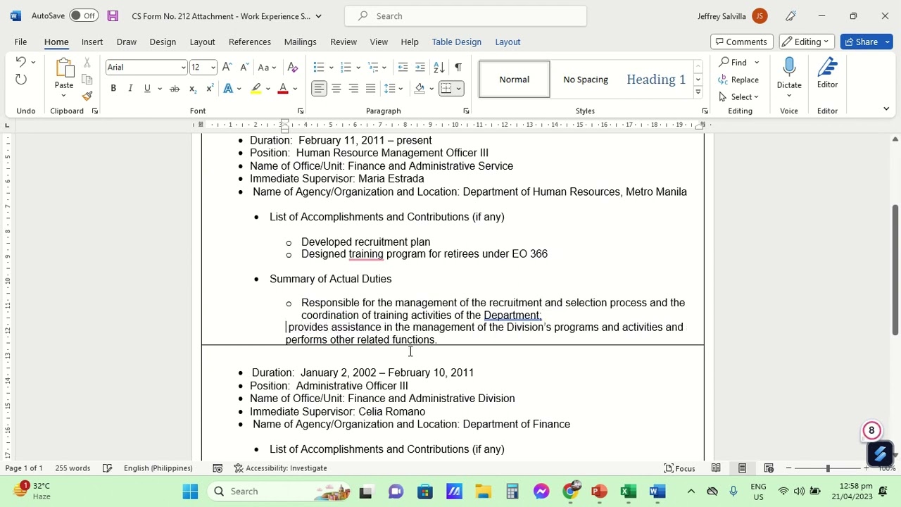 Work Experience Sheet (Attached to PDS) -CSC form no. 212