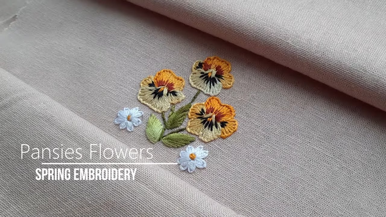 Hand Embroidery bouquet of Pansies Flower design Pansies and daisies