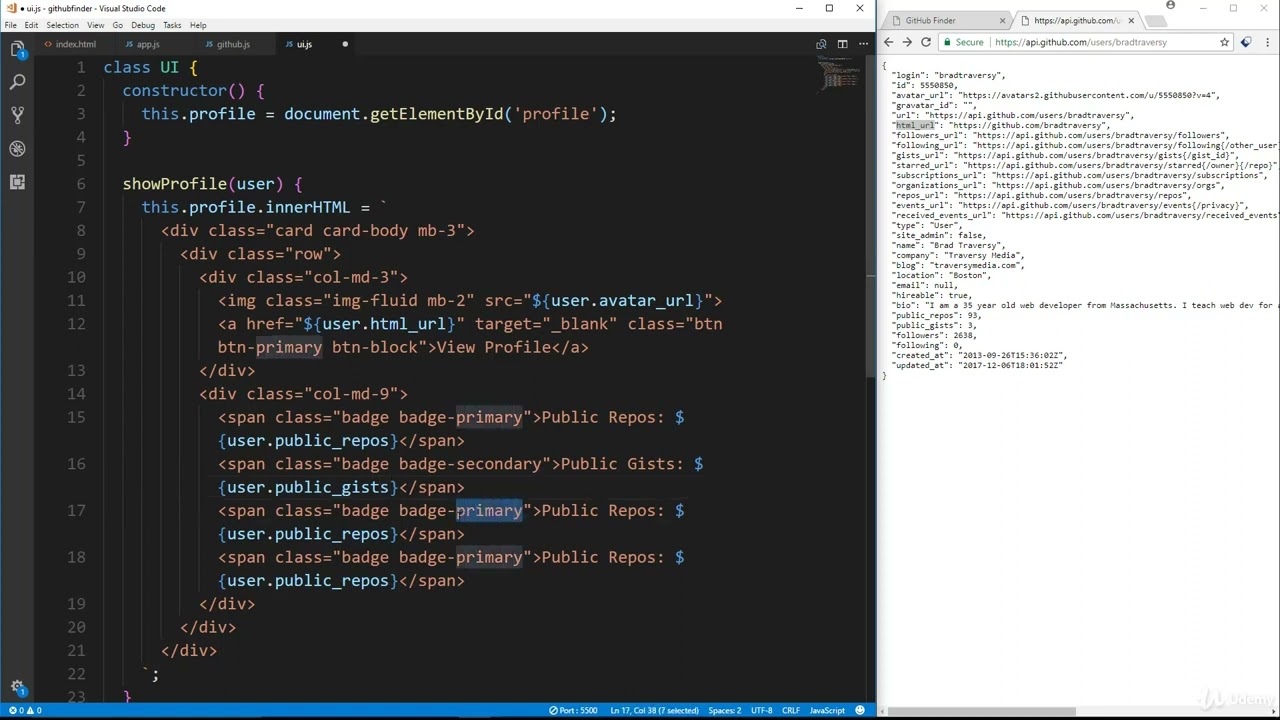 JavaScript API Projects - Github Finder Part 3 - Display The Profile