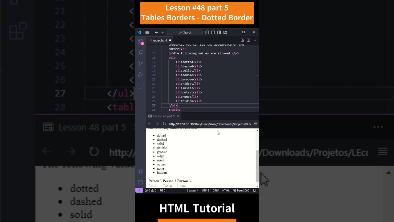 HTML Tutorial - Lesson 48: HTML Tables Borders - Dotted Table Borders Part 5 #shorts #html #css