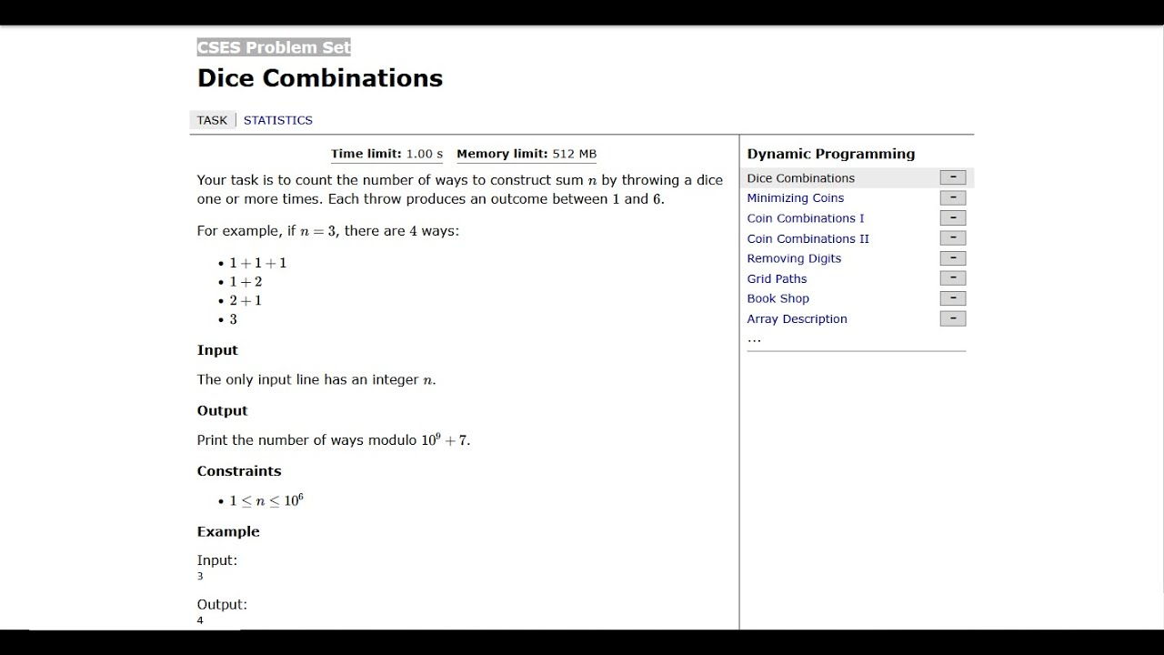 Intro to Dynamic Programming + Dice Combinations (CSES)