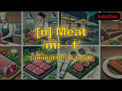[n] Meat meaning (animal flesh, food) with 5 examples