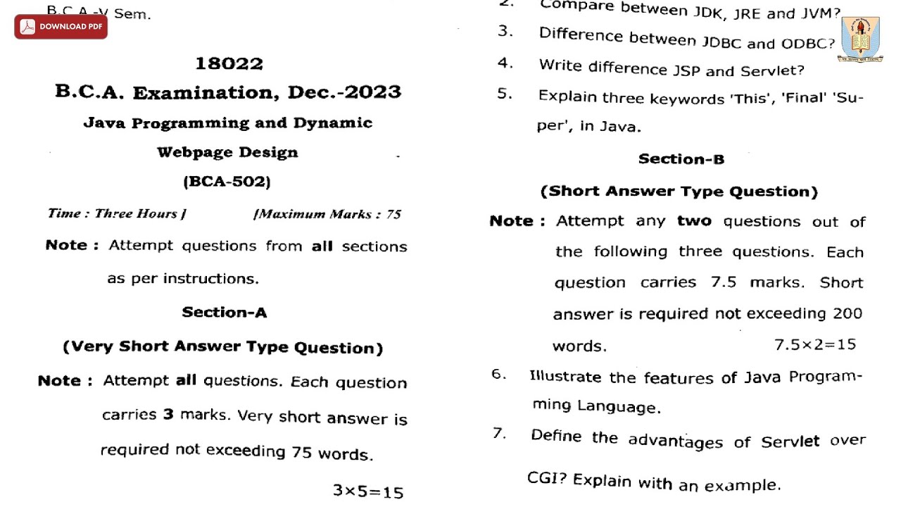 BCA 5TH SEM JAVA PROGRAMMING AND DYNAMIC WEBPAGE DESIGN DEC 2023 | CCSU