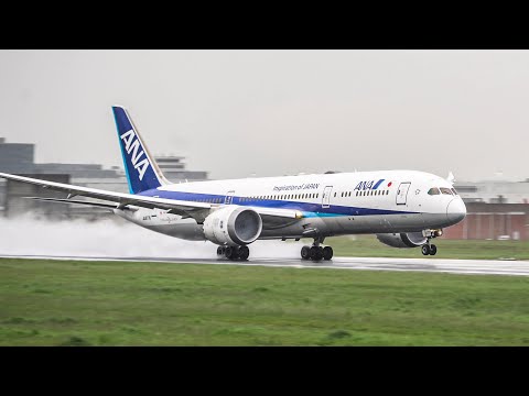 RAIN and WATER SPRAY - Plane Spotting Brussels Airport TAKEOFFS | A330, B777, B787... (BRU/EBBR) 4K