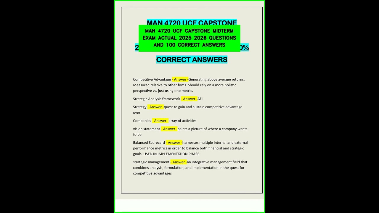 MAN 4720 UCF CAPSTONE MIDTERM EXAM ACTUAL 2025 2026 QUESTIONS AND 100 CORRECT ANSWERS video