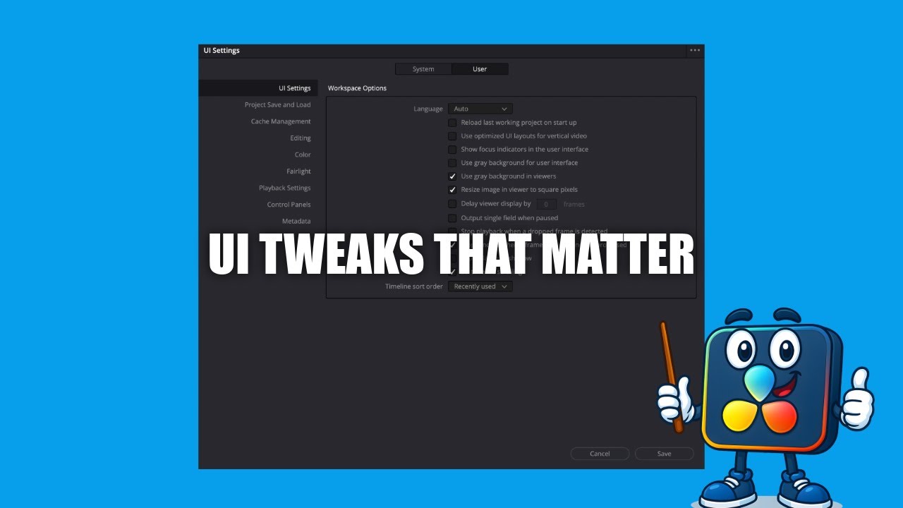 DaVinci Resolve Preferences – (User Tab UI Project & Cache Settings)