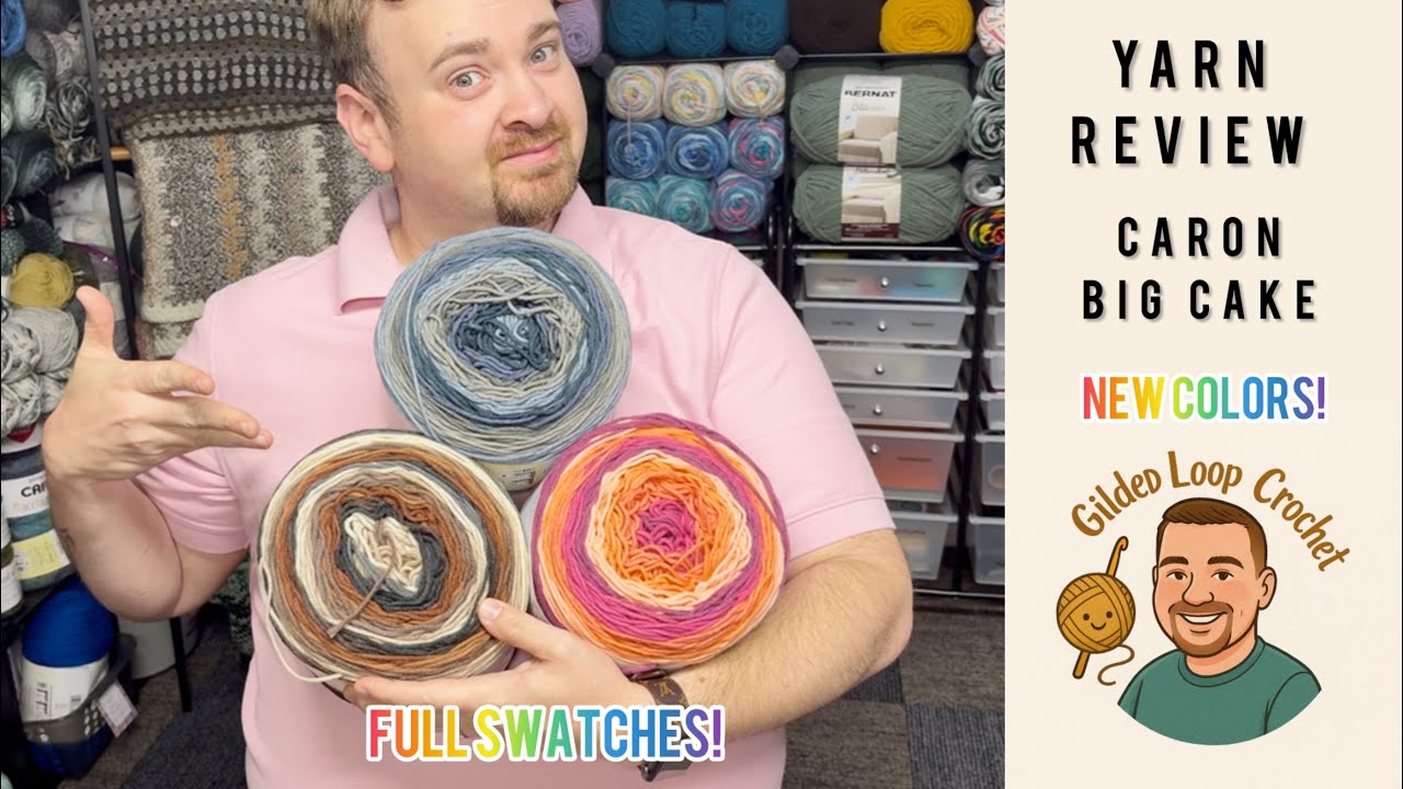 Yarn Review - Caron Big Cakes with swatches (Peach Part-ay, Chocolate, & Nightberry)
