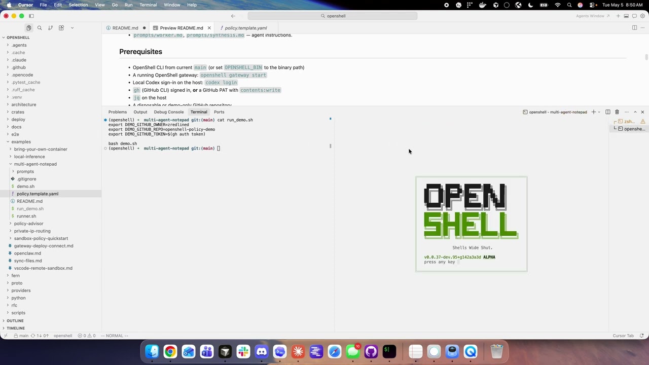 OpenShell demo with multi agent/sandbox notepad via Github