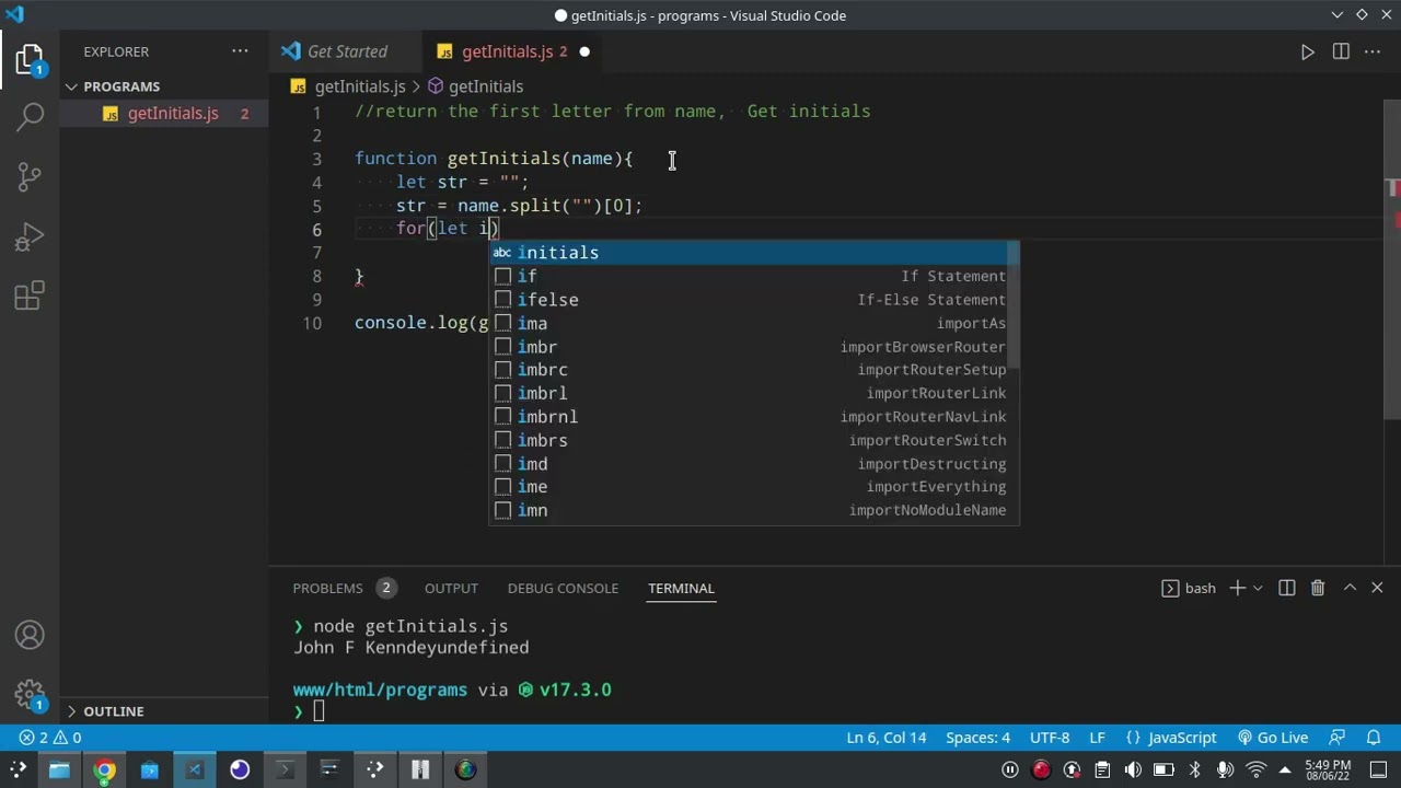 JavaScript Program to get initials from a name | JavaScript Interview Questions
