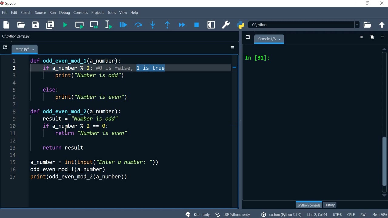 Python 36: Find odd/even numbers using the modulus operator – part 2.