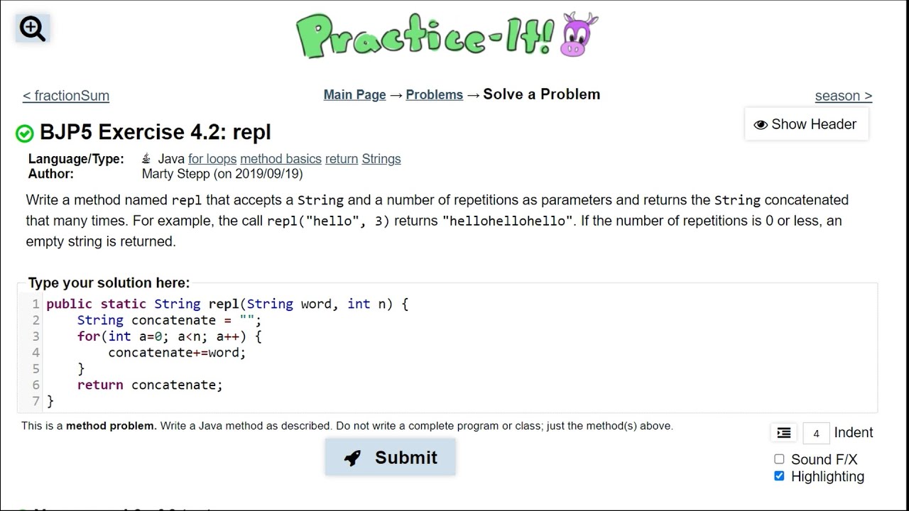 Java Practice It || 4.2 repl || for loop, String and int parameter method, String return