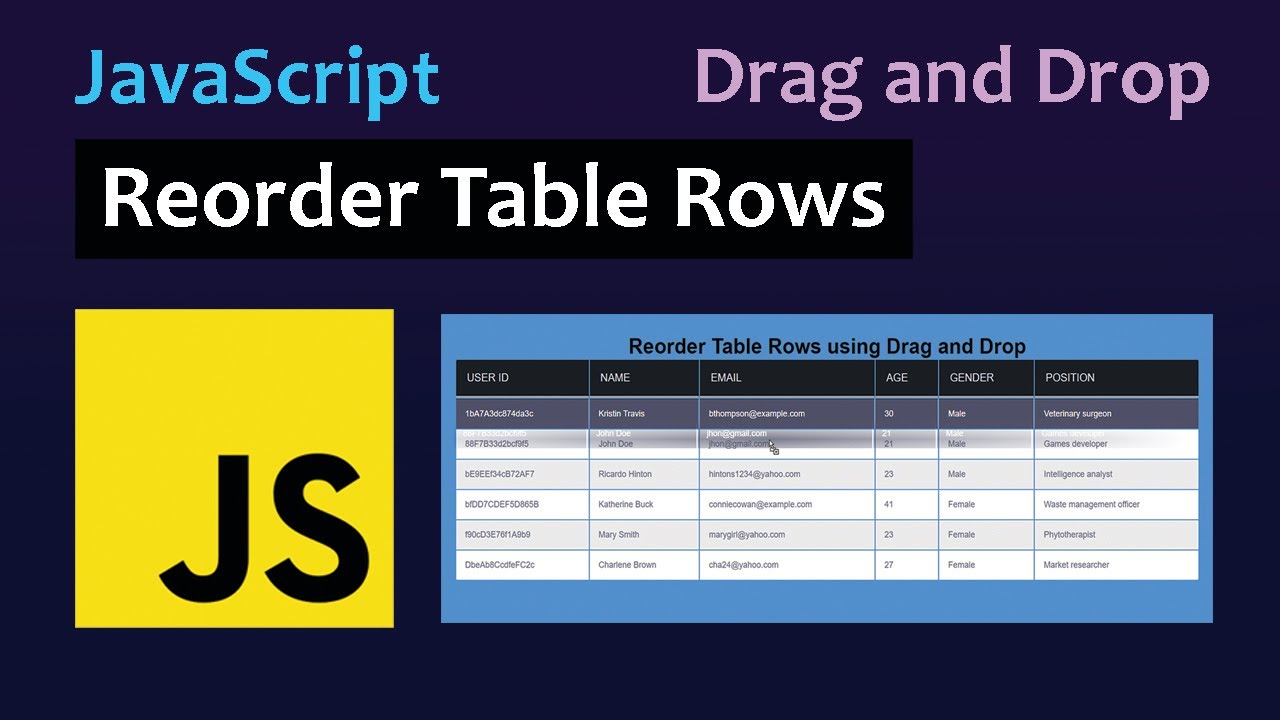 How to Reorder HTML Table Rows using drag and drop in Javascript | Draggable Table Rows