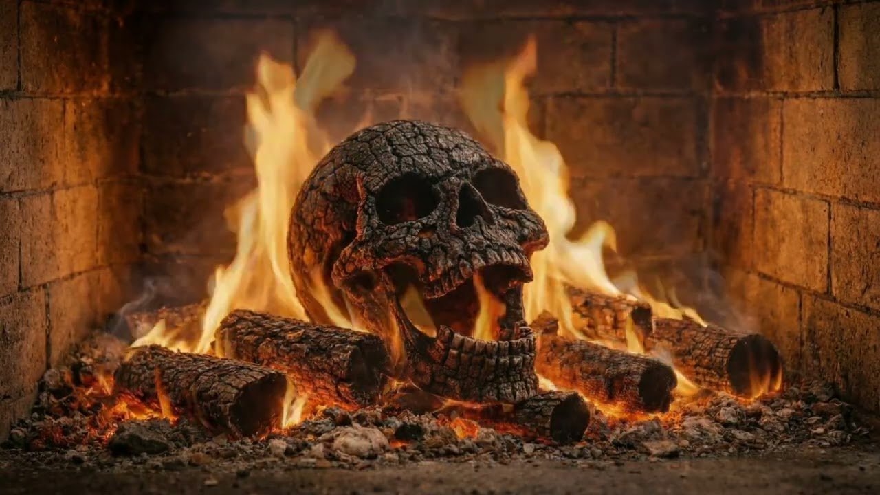 Dark Fireplace Ambience with Burning Skull 🔥 Crackling Fire for Relaxation & Sleep - Ambient 018
