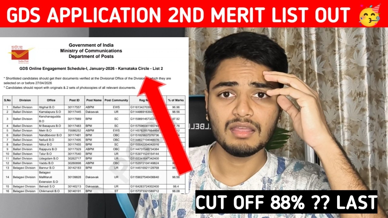 GDS Application 2nd Merit List Out | Cut Off Lowest 88%? | Document Verification Last Date ? 2026