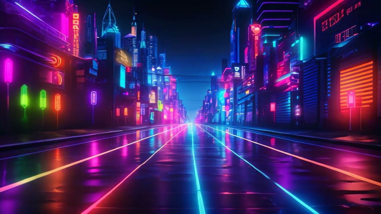 Futuristic night city with neon lights, 3d rendering digital illustration, Neon