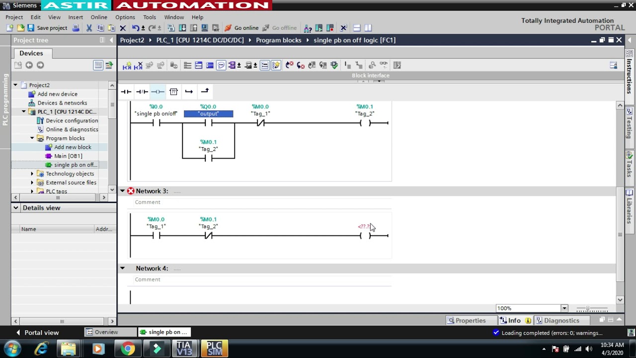 SINGLE PUSH BUTTON ON OFF LOGIC IN TIA