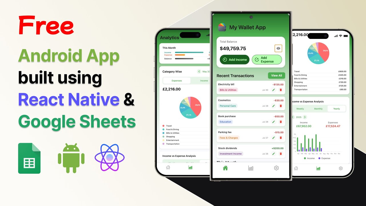 Free Android & iOS Finance Tracker App built using React Native and Google Sheets