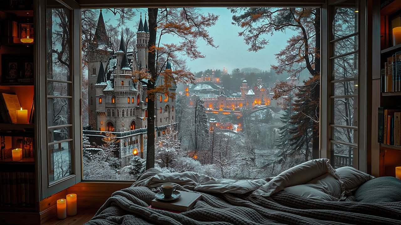 Winter Castle View from a Cozy Bed Nook ❄️ Dark Classical Cello | Dark Academia Ambience for Reading