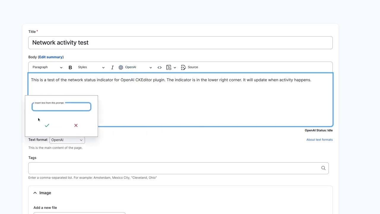 Drupal, OpenAI, ChatGPT and CKEditor 5 - indicating network activity