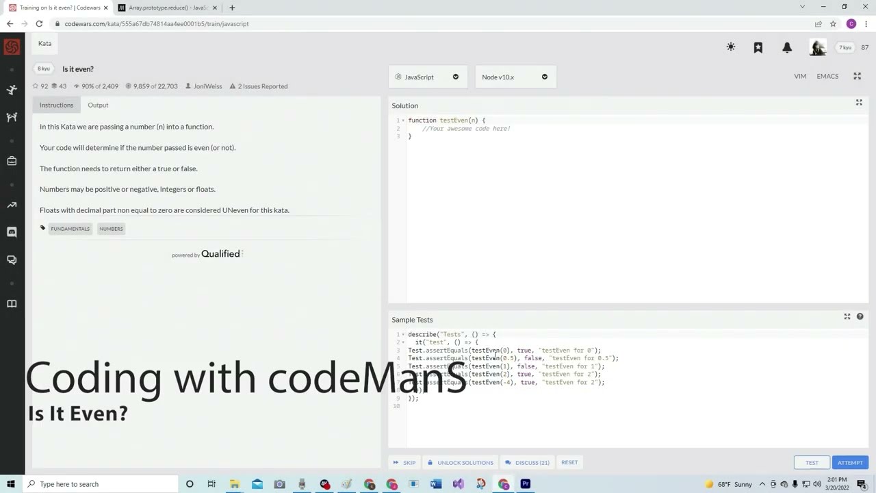 Codewars 8 kyu Is It Even JavaScript