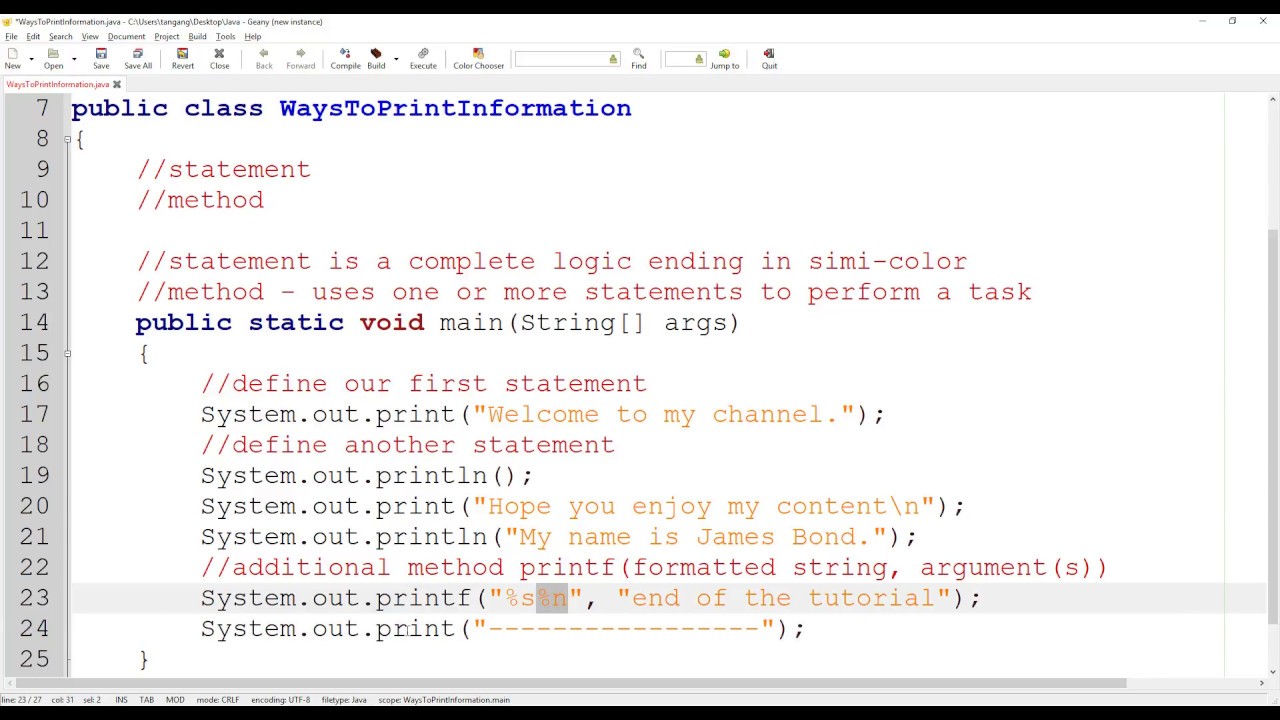 Java Tutorial 03 :  using print() & println() methods