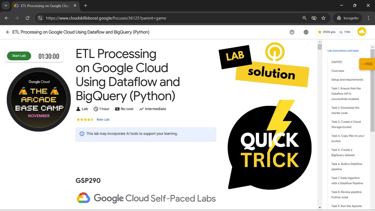 ETL Processing on Google Cloud Using Dataflow and BigQuery (Python) | Qwiklabs | GSP290
