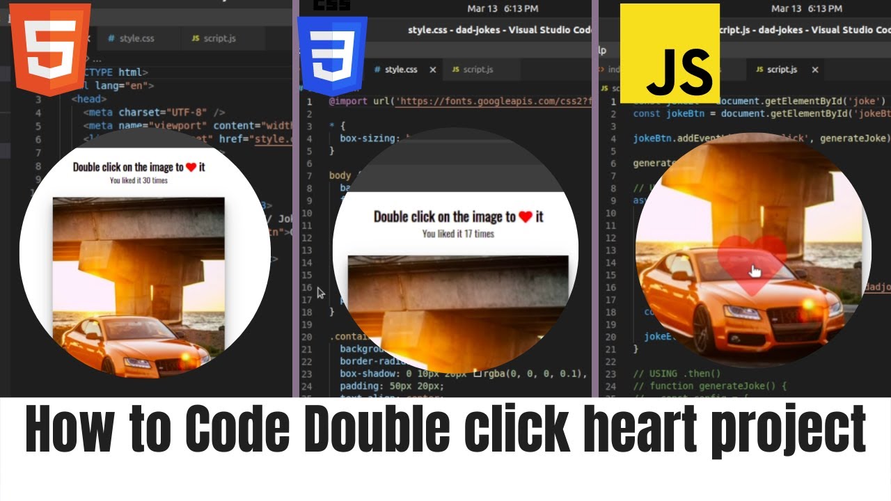 How to Code Double click heart project using html css javascript