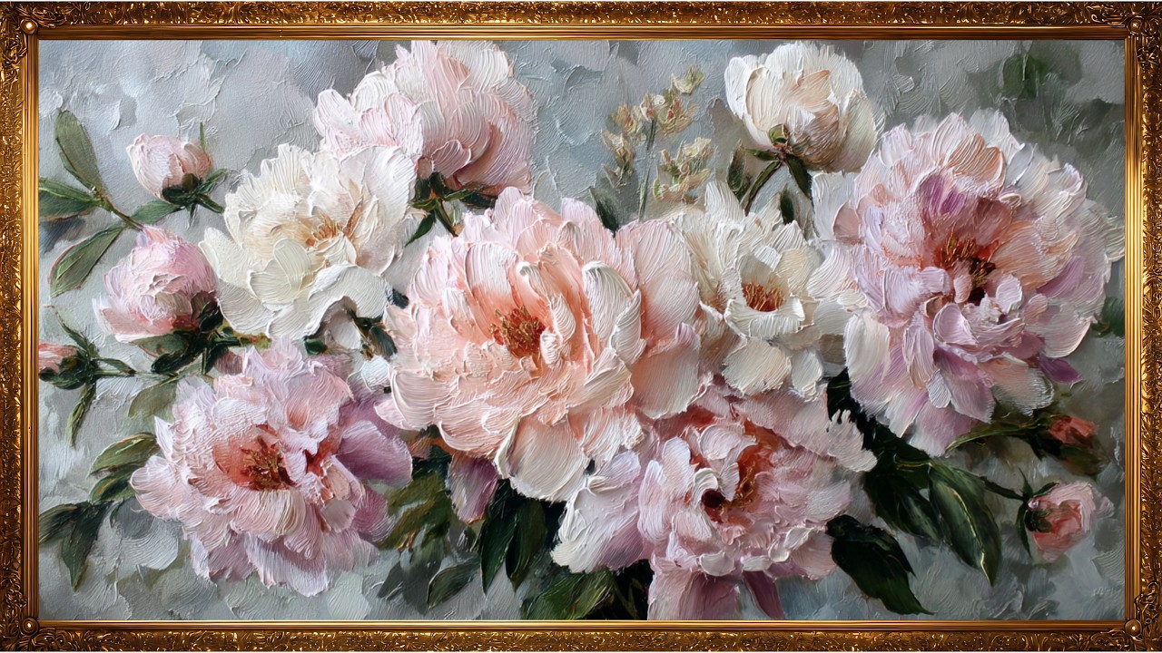 Luxury Textured Pink Peony Wall Art | Elegant 3D Floral Painting with Gold Frame for Home Decor