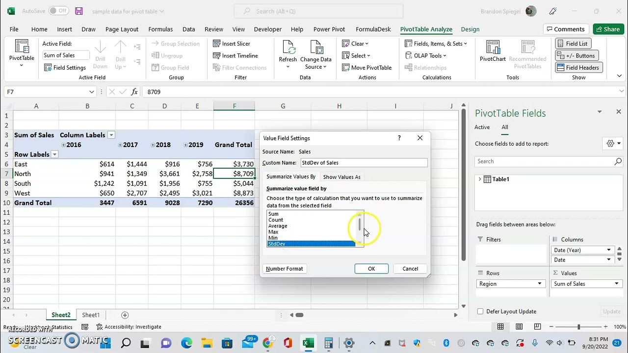 How To Change The Calculation That Goes On Inside Of A Pivot Table. From Sum to Count For Example!