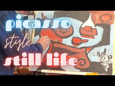 Picasso Style Still Life with Guitar and Wine, Paint With Me Cubism, Golden acrylic, Liquitex
