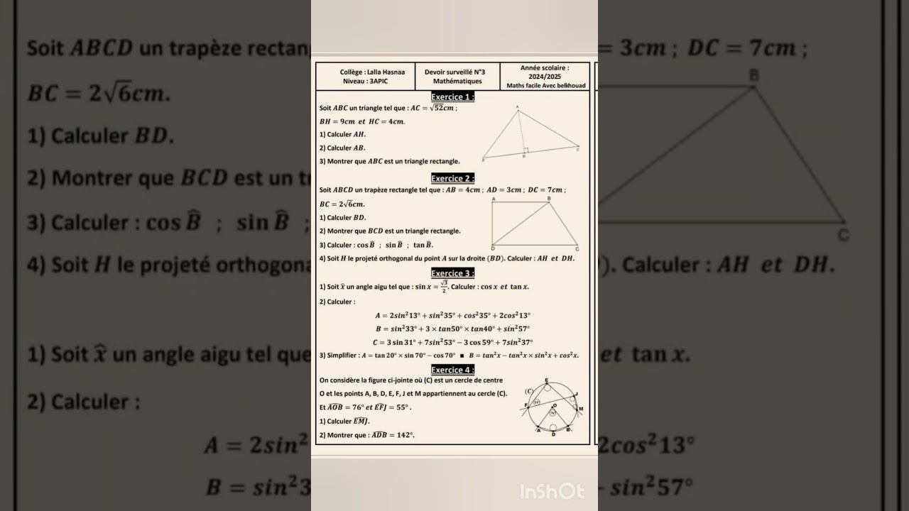 Devoir 3 semestre 1 maths 3ac #3ac #collége #exam #devoir #mathématiques