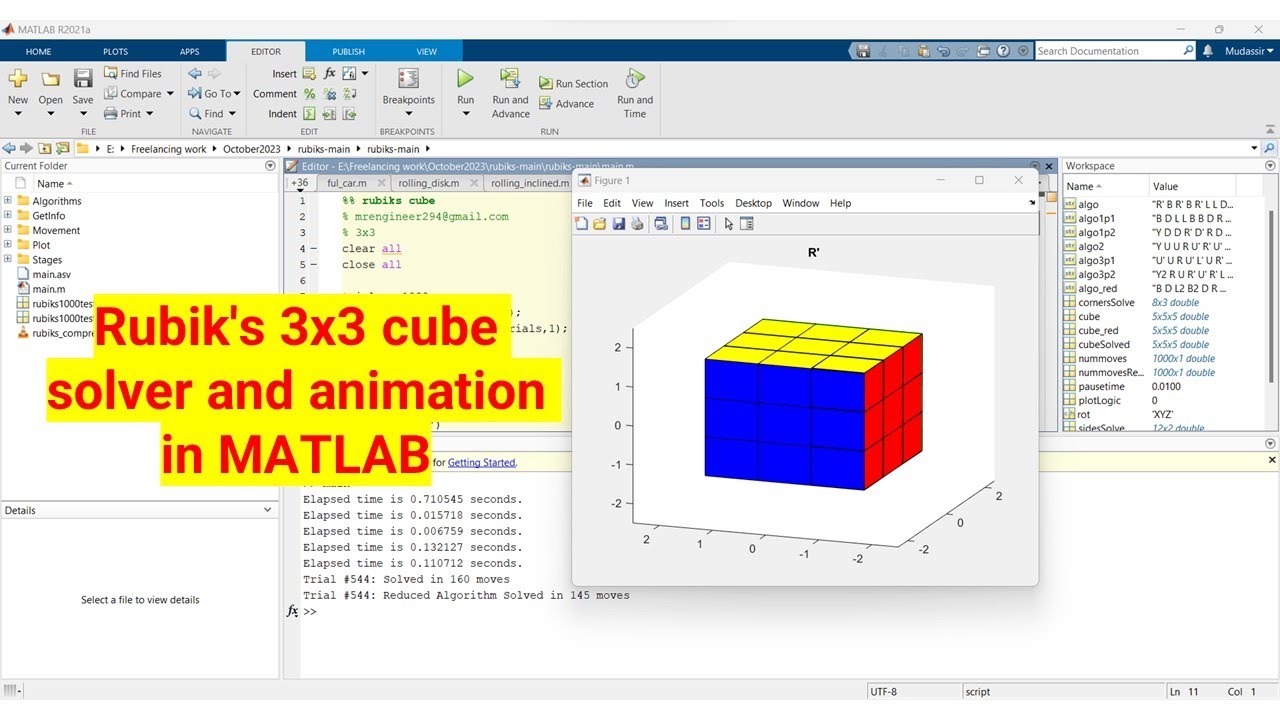 Rubik's  3x3 cube solver and animation in MATLAB || Solve Rubik's Cube with coding
