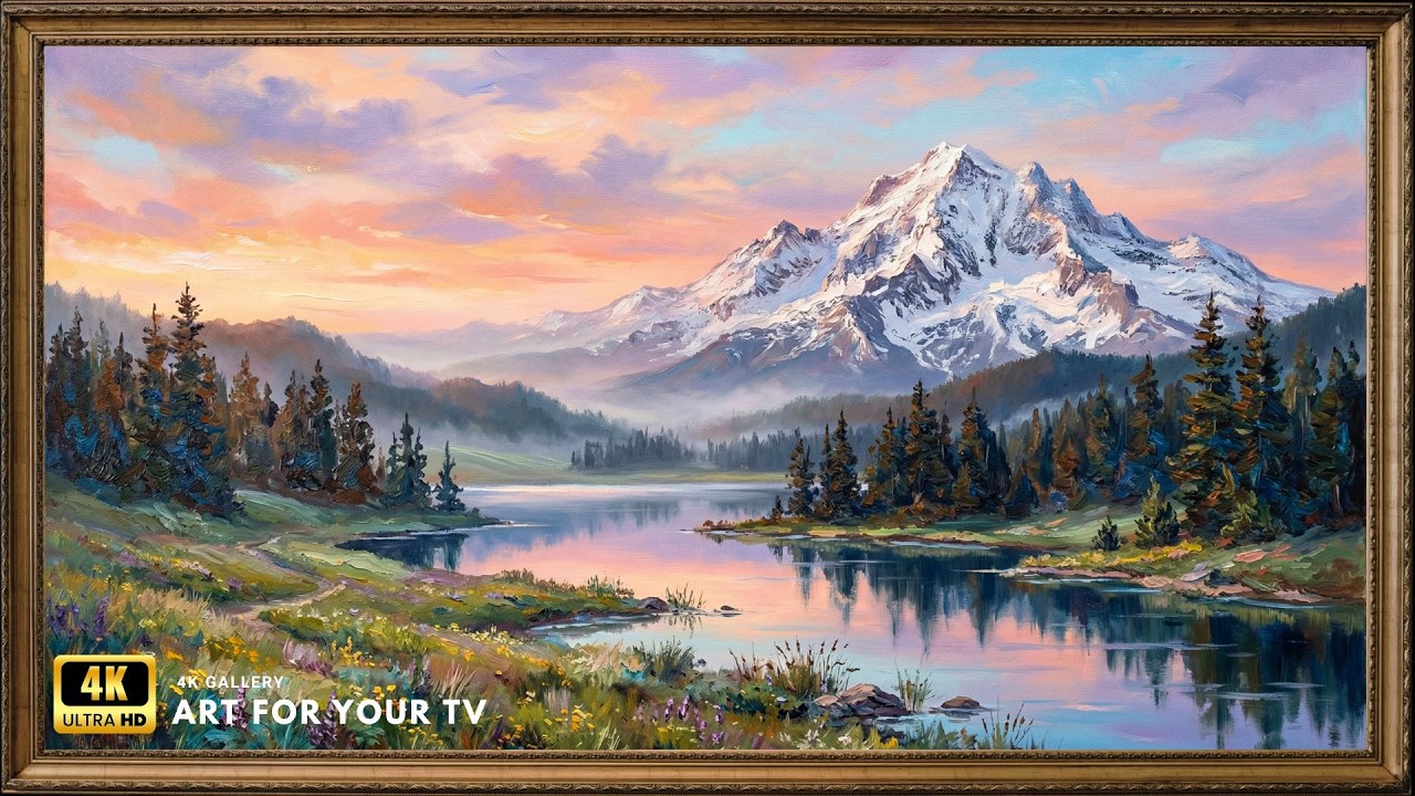 Golden Peaks at Twilight, Vintage Mountain Lake Oil Painting 4K UHD | Framed Art TV Screensaver