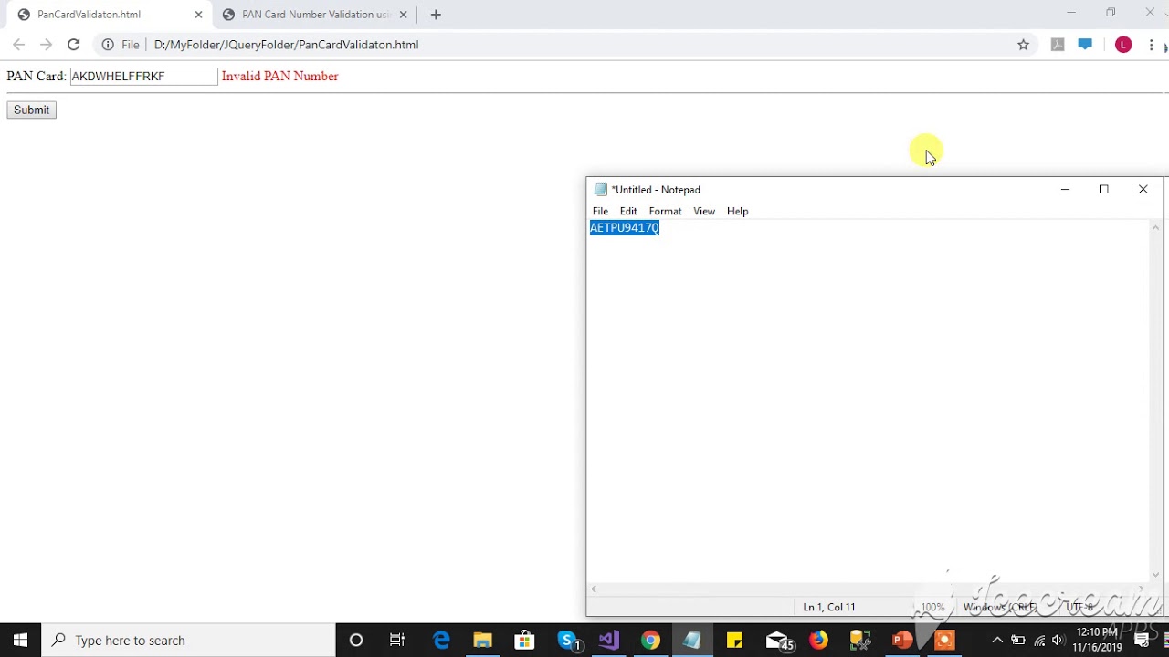 PAN Card Number validation using JavaScript and Regular Expression